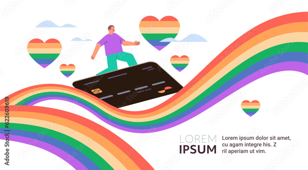 man surfing on credit card with lgbt rainbow flag on screen gay lesbian ...