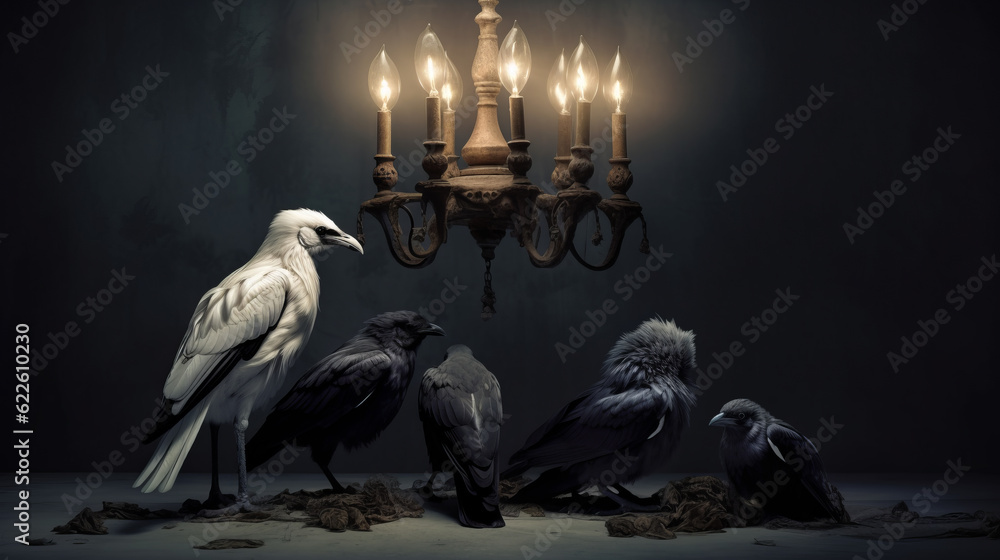 Crows and magpies discuss bird gossip and envy. The white crow is a ...