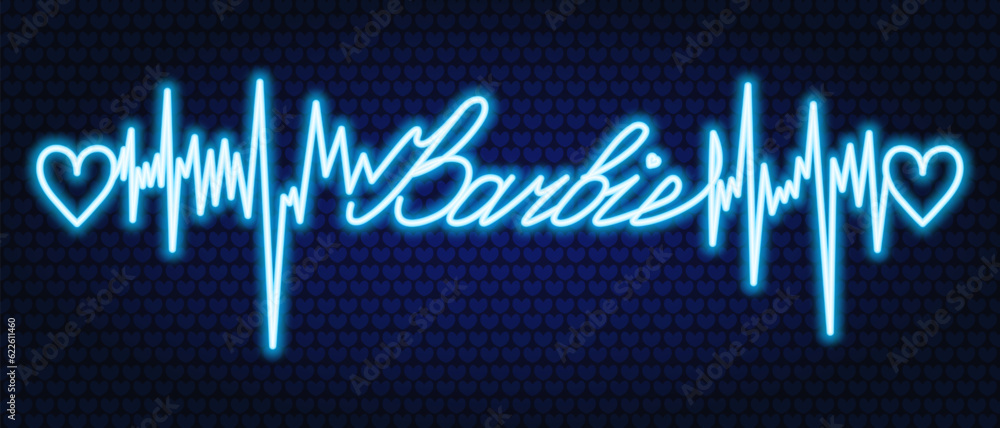 Barbie. Blue neon. The text is embellished with pulses and hearts ...