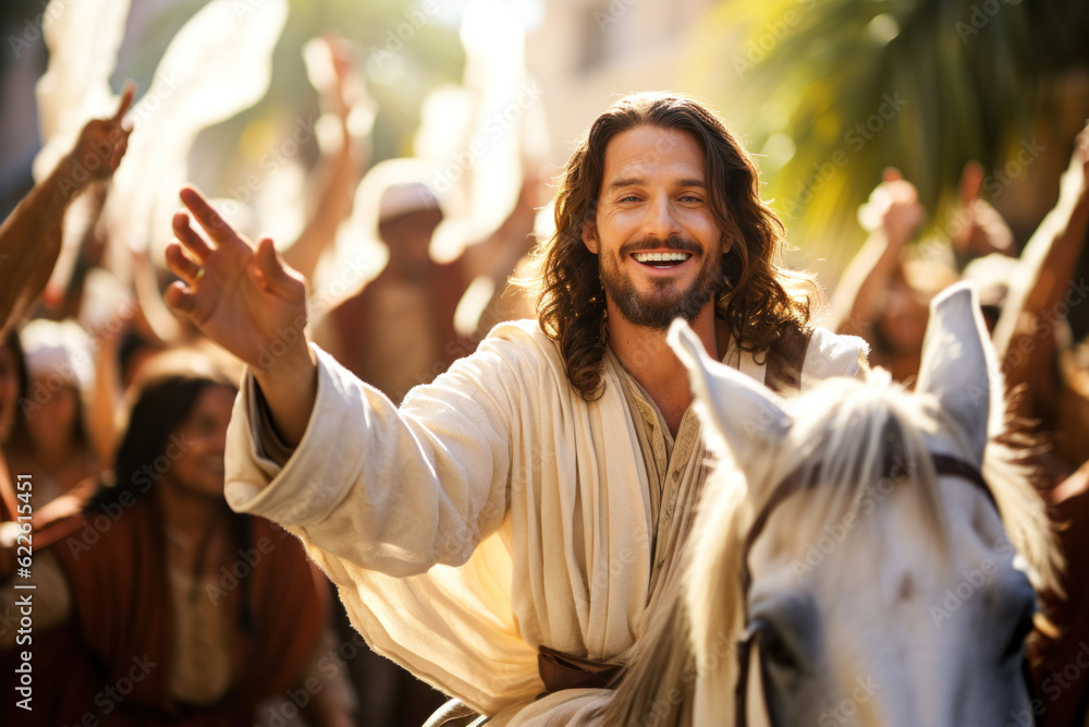 Triumphal entry of Jesus Christ into the city of Jerusalem applauded by ...
