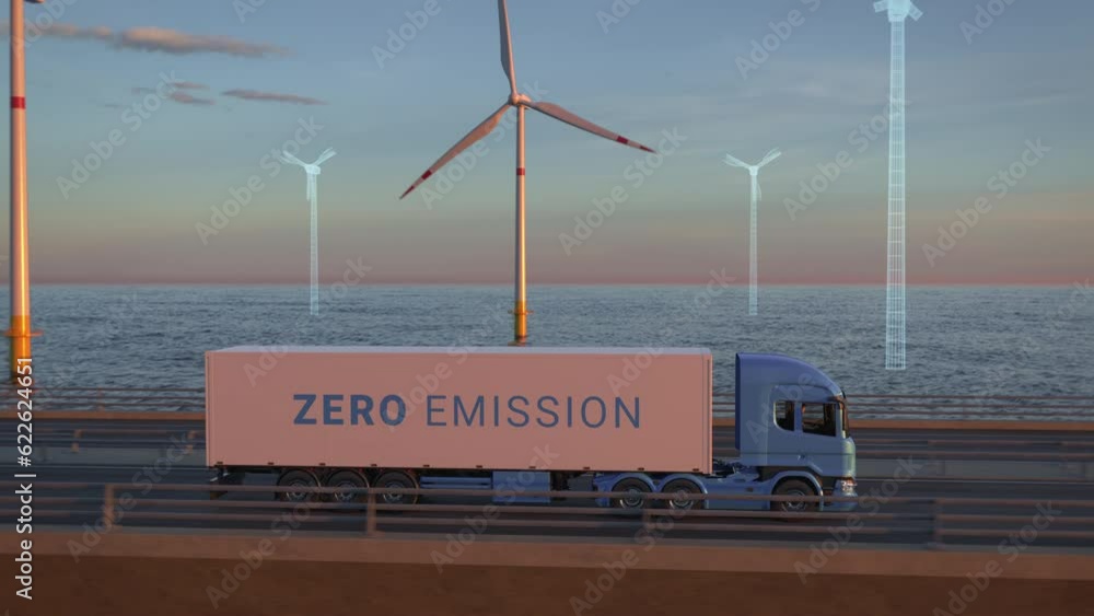 Offshore wind turbines building up behind a generic electric semi truck ...