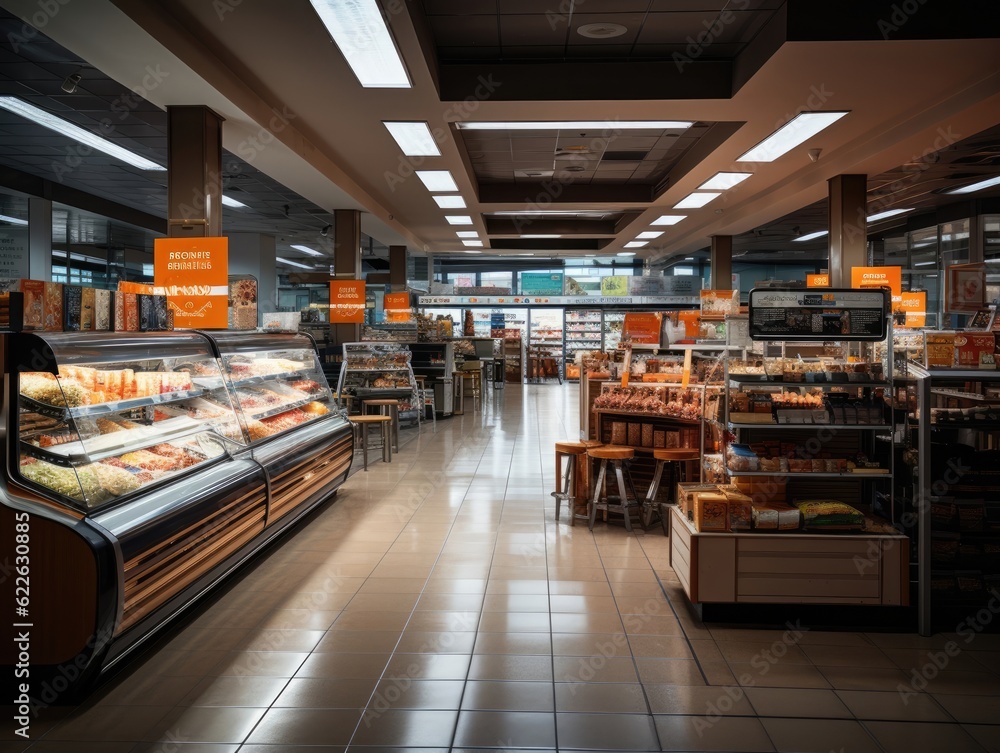 Supermarket store interior with shelves and display cabinet glass, a ...