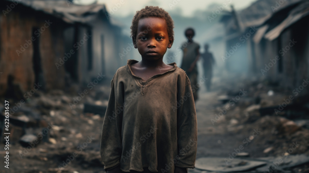 A poverty-stricken African boy standing against the backdrop of a ...