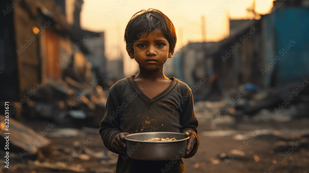 A young black child from a developing country expresses hunger and ...
