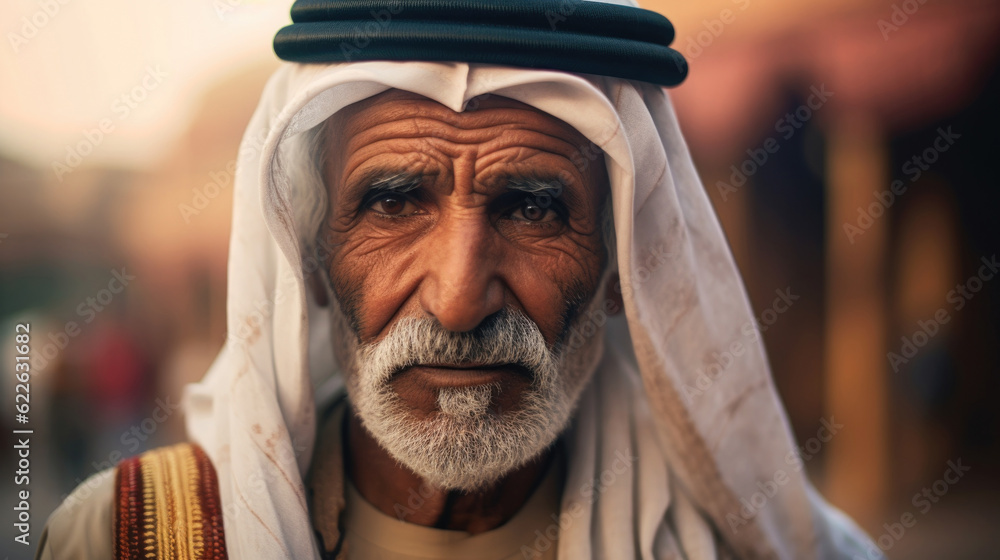 A dignified Arab man poses for a portrait, exuding confidence and ...