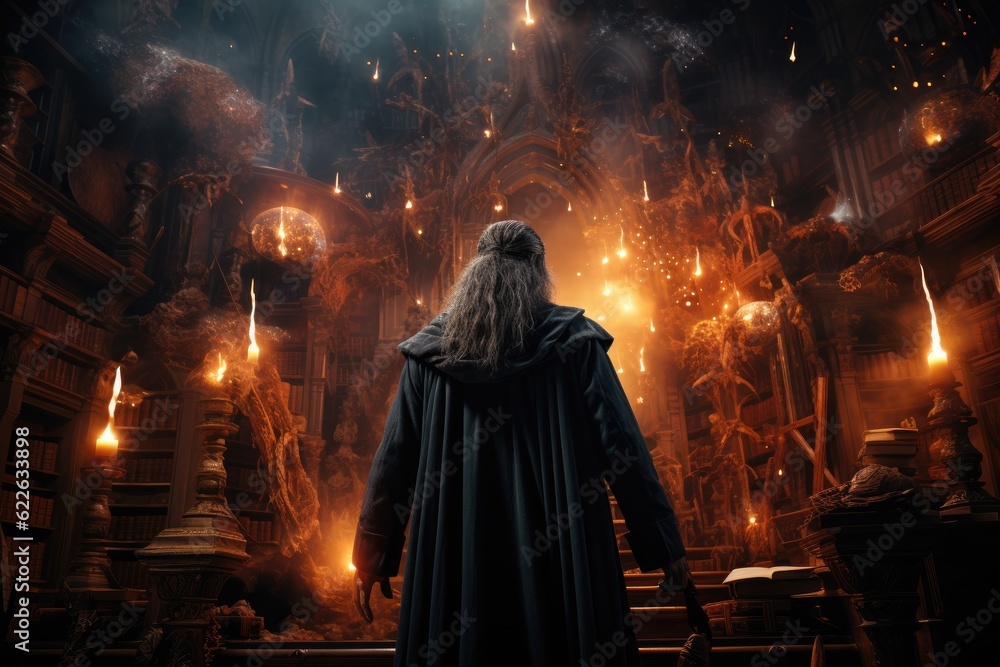 Epic fantasy: a grand wizard in a towering library, conjuring a spell ...