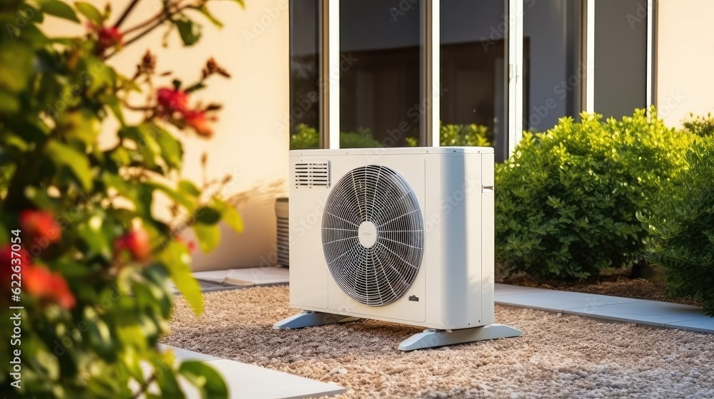 Air source heat pump installed in residential building. Sustainable and ...