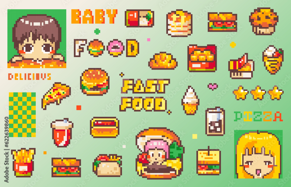 Pixel Art Retro Fast Food Set. 8bit retro style vintage bakery, sweets ...