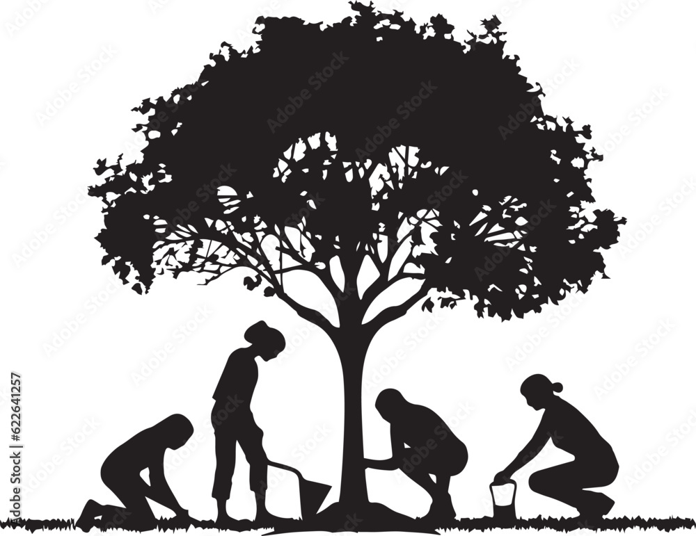Silhouette group of people planting a tree, Vector Illustration, SVG ...
