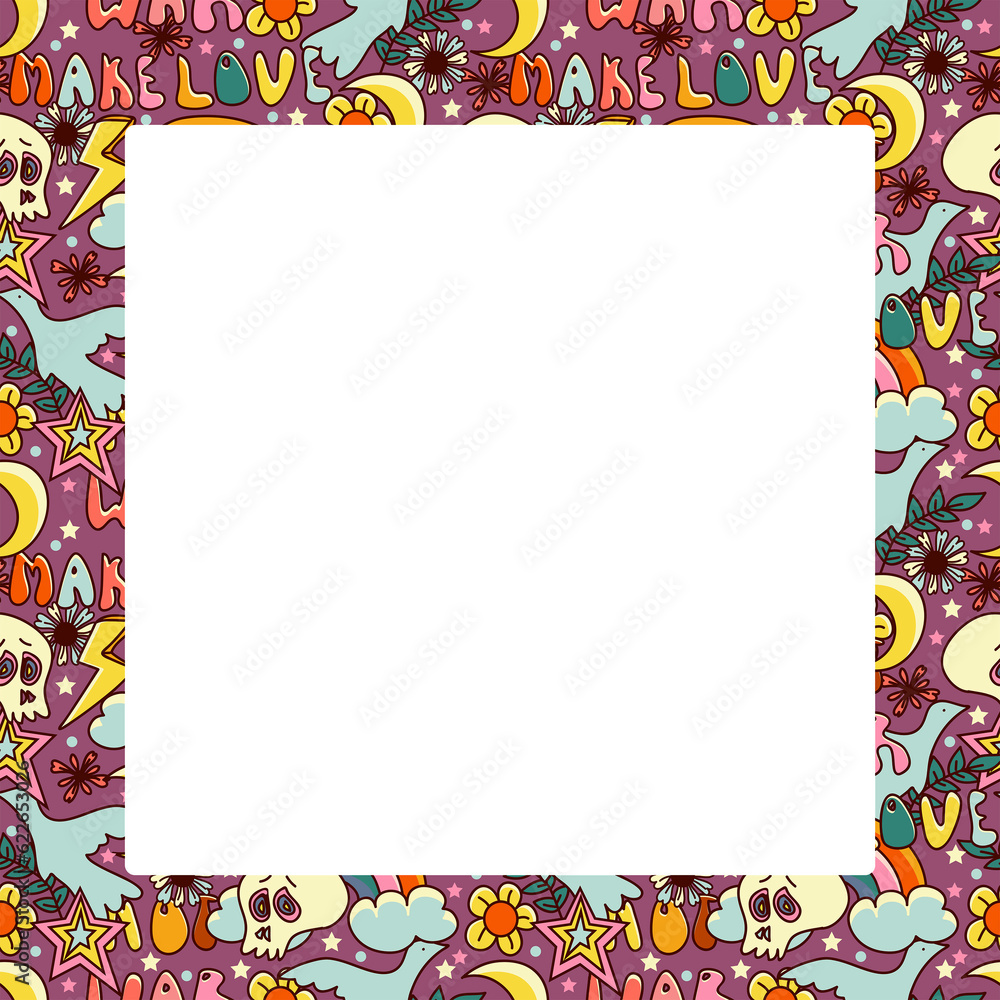 Groovy doodles frame. Hippies hand drawn elements, 70s retro Stock ...