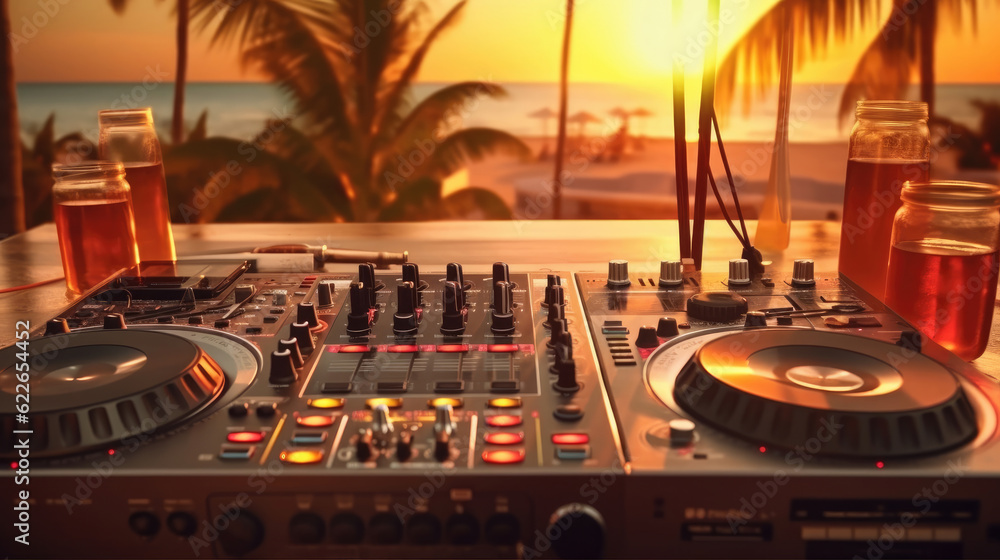 Dj console with beers and cocktails at the beach party Stock Photo ...