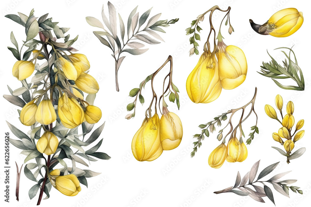 Kowhai Flower Watercolor Clipart Pack, Generative AI Stock Illustration ...