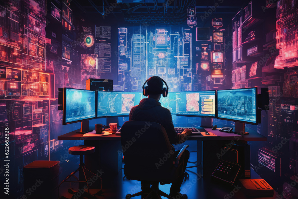 anonymous hacker in headphones works with computer on digital effects ...