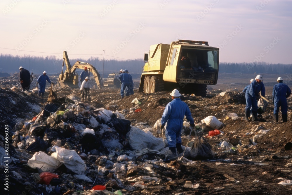 people working at a landfill and sorting and recycling garbage with ...
