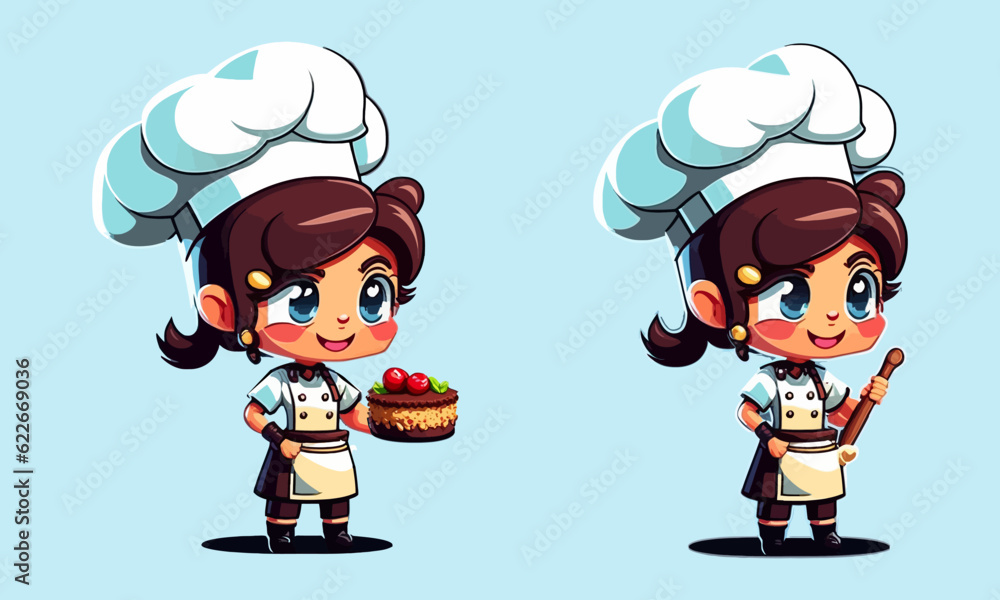 Cartoon girl cook with a cake. Cartoon girl cook with a rocking chair ...