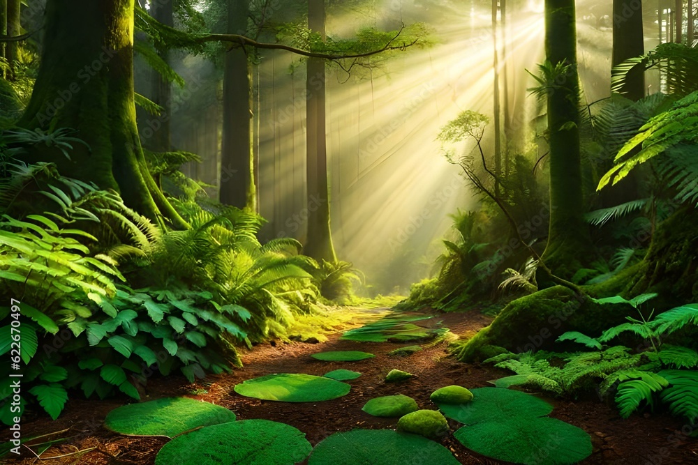 A lush, tropical rainforest with towering trees and exotic plants ...