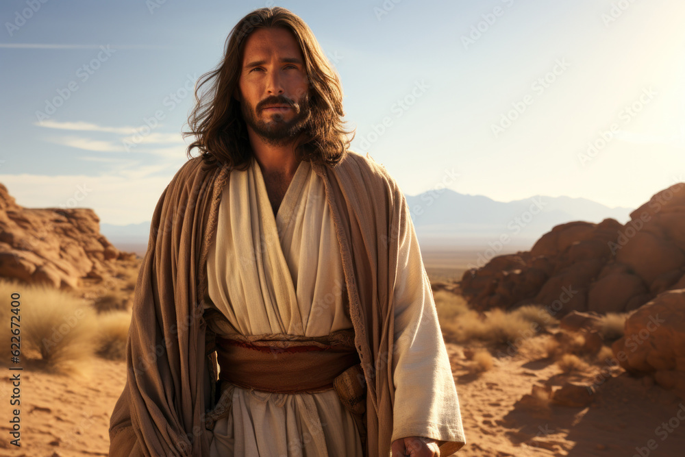 Jesus Christ in the desert of temptation facing his enemy Generative AI ...