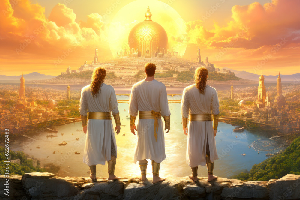 Three angels contemplating the holy city the New Jerusalem in the ...