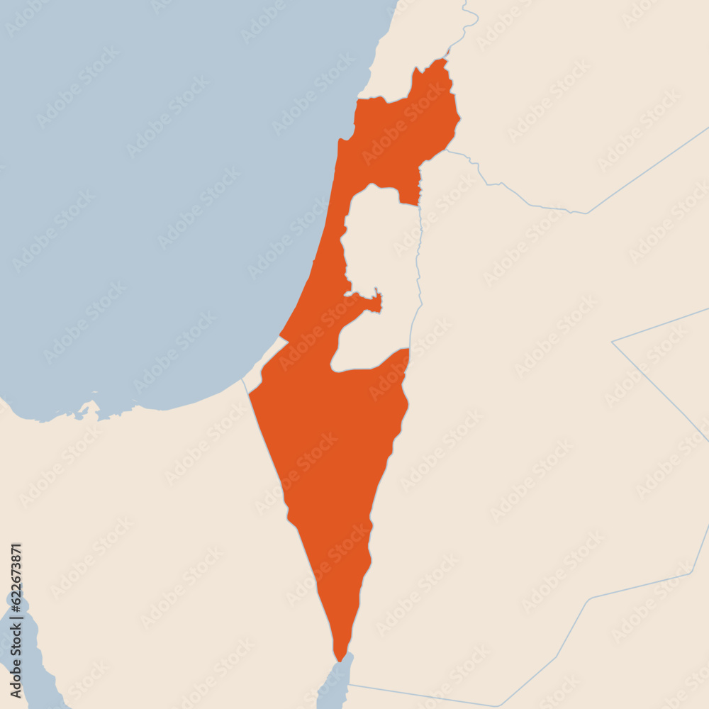 Map of the country of Israel highlighted in orange isolated on a beige ...