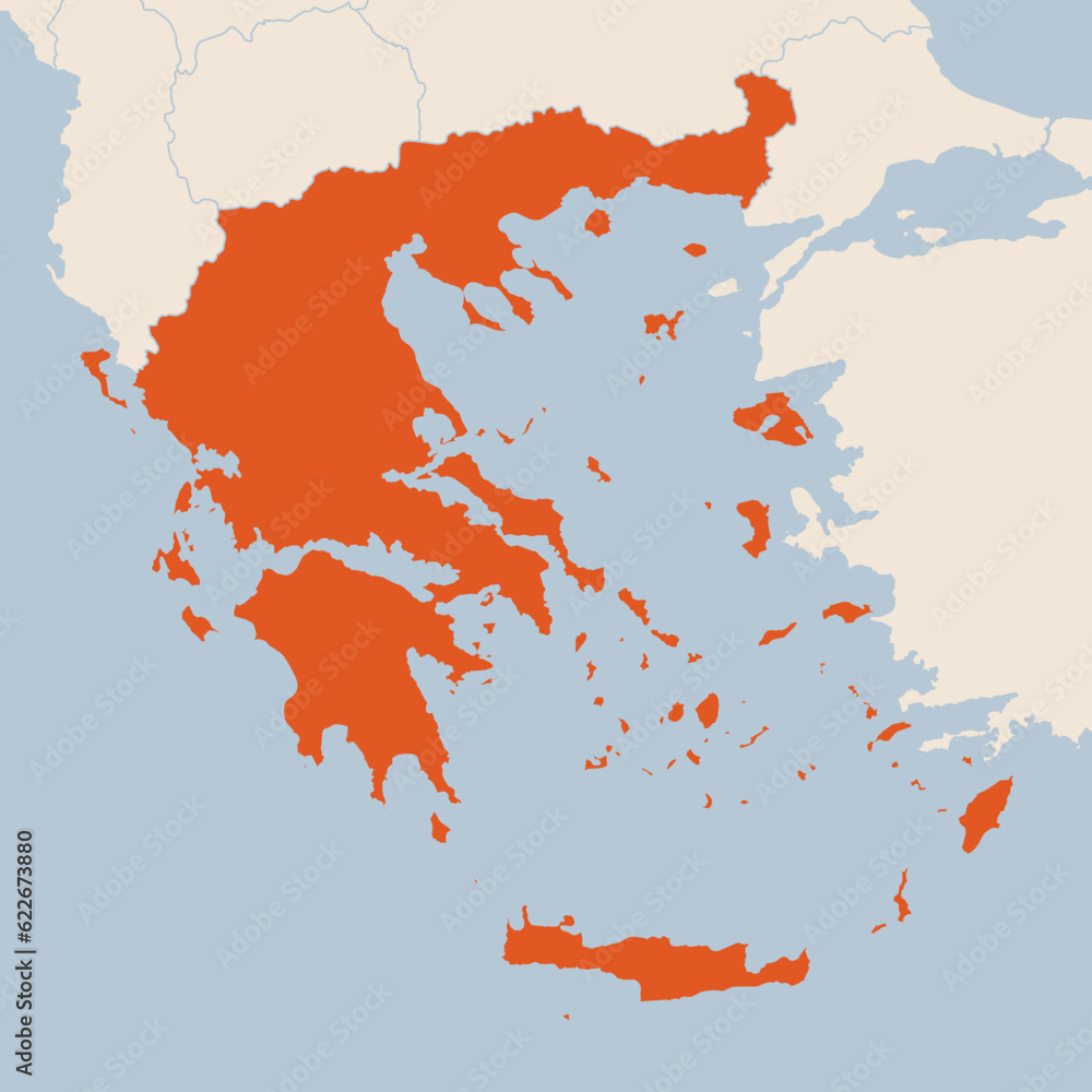 Map of the country of Greece highlighted in orange isolated on a beige ...