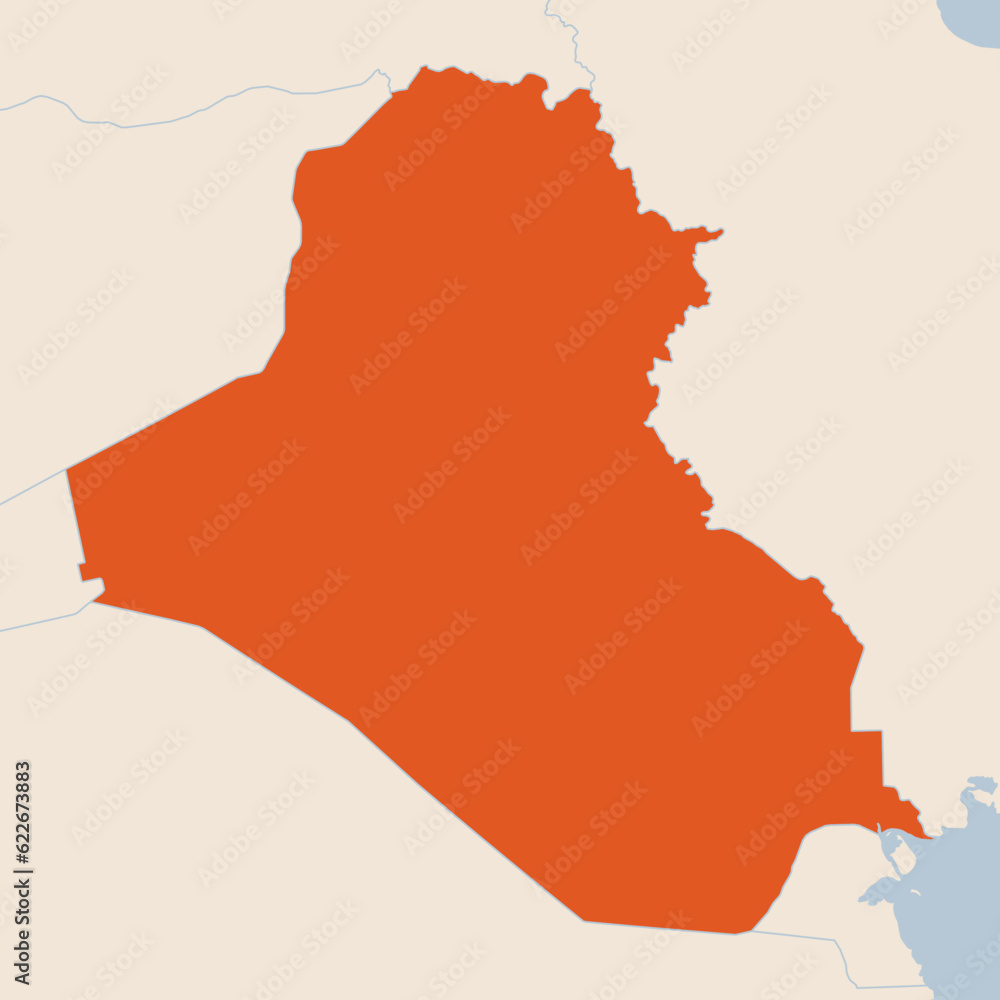 Map of the country of Iraq highlighted in orange isolated on a beige ...