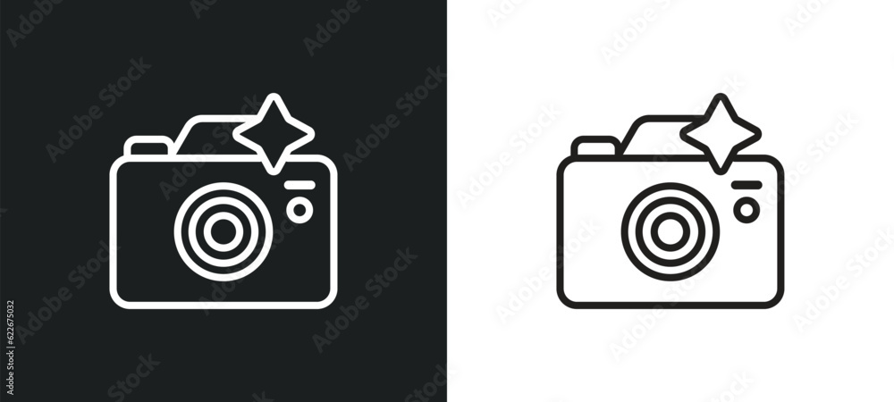 camera with flash outline icon in white and black colors. camera with ...