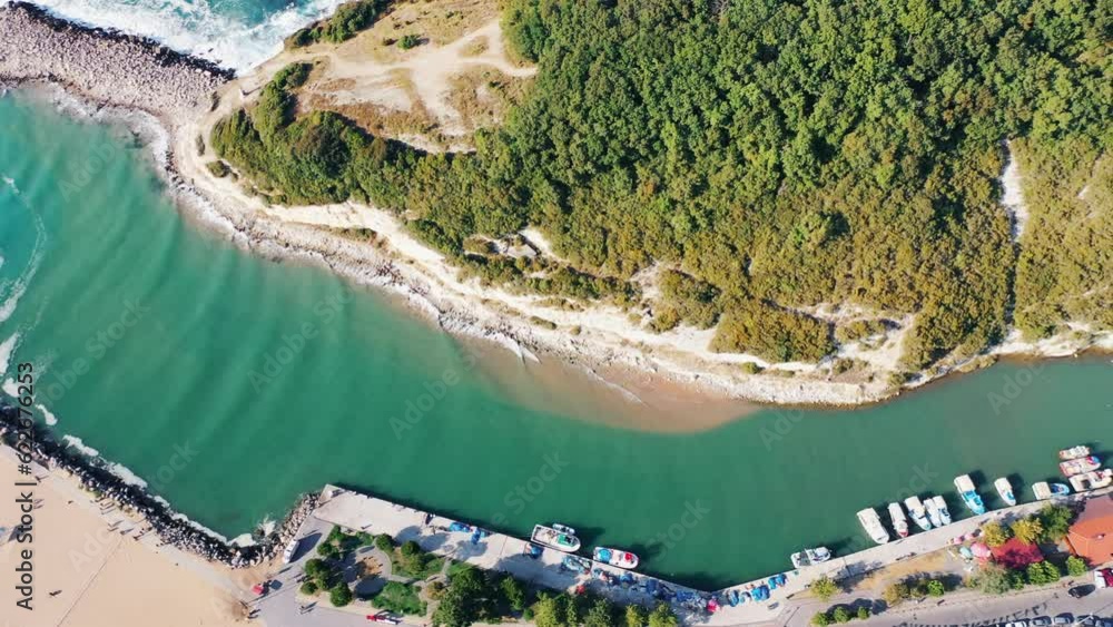 Mouth of Yesilcay River in Agva Town. Goksu stream on the other side ...