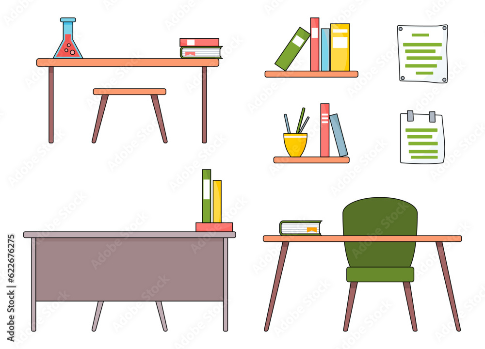 Set of vector cartoon table, desk, school desk, teacher table ...