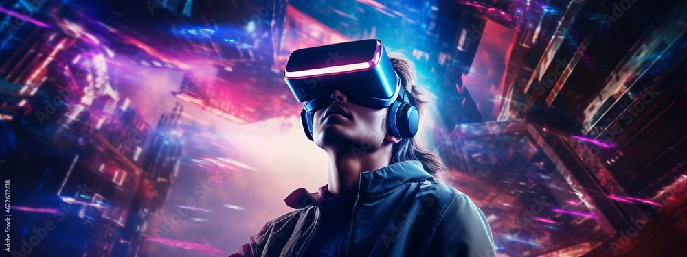 Virtual reality 3d augmented experience exited digital generate person ...