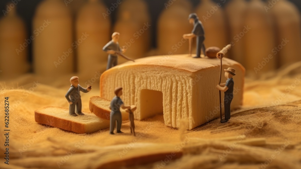 Miniature staff figurines work on the farm in a small slice of bread ...