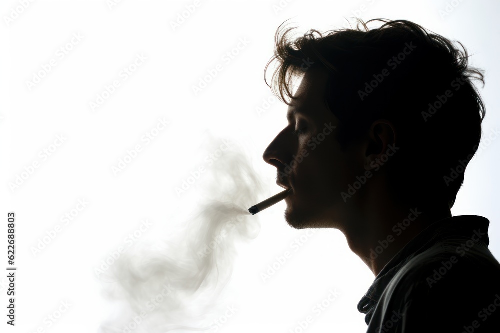 a profile silhouette of a smoking young man smoking cigarette. burning ...