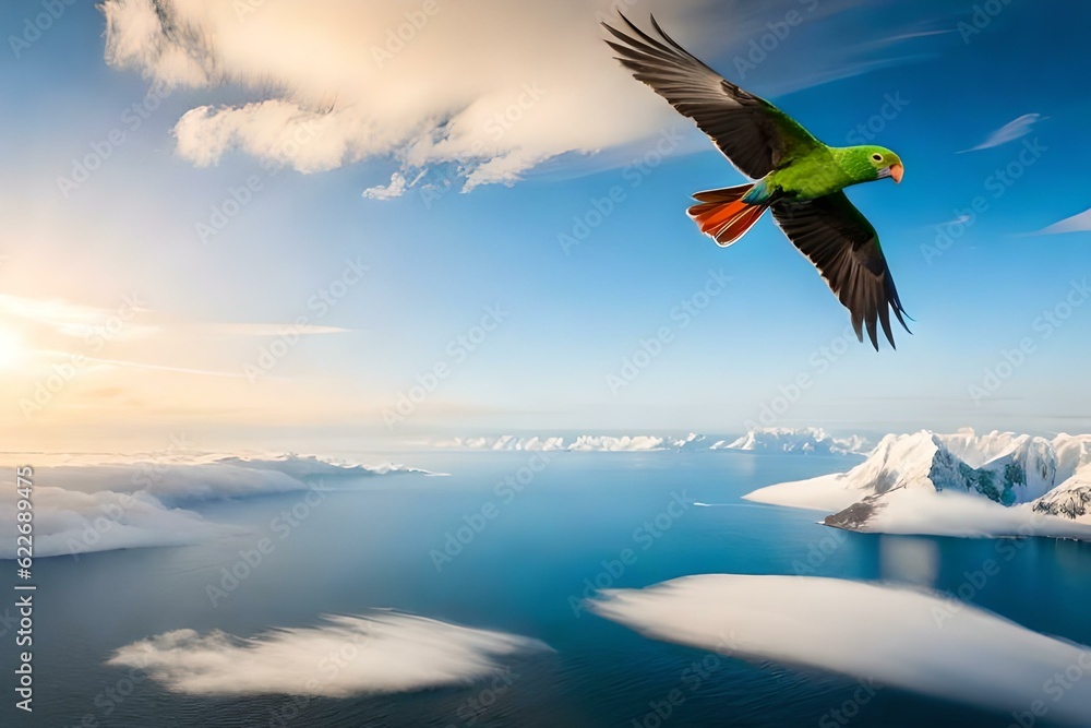 Parrot flying in the sky over mountains, beautiful wallpapers, textures ...