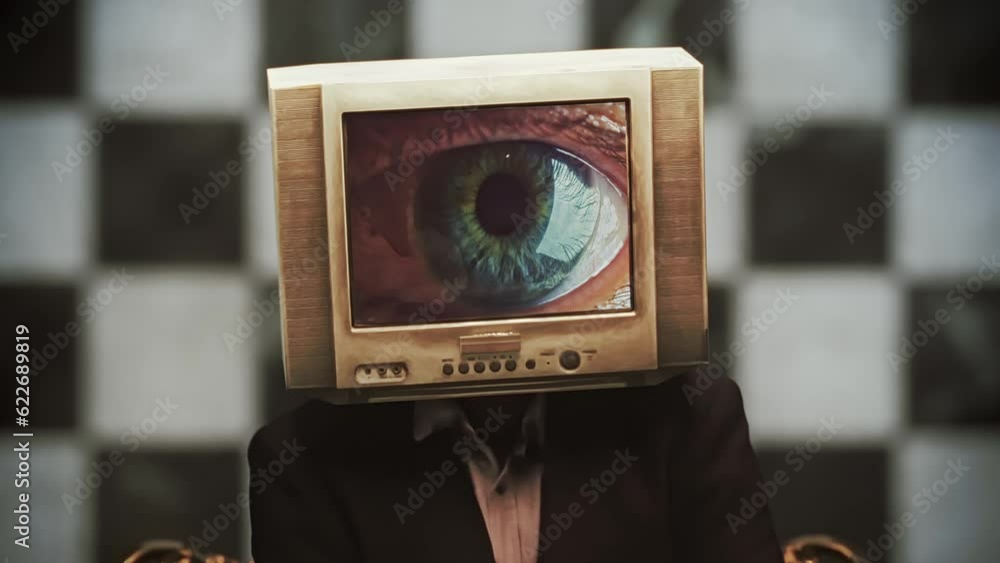 Man with television head sitting on a chair. Zoom in into blinking eye ...