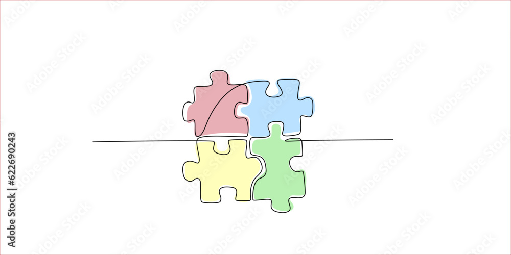 Continuous single line colored drawing of four puzzle pieces fitting ...