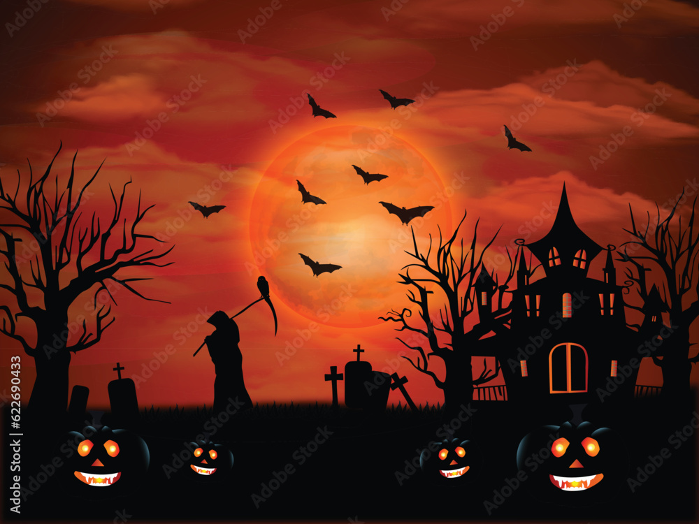 Halloween night celebration design with ghost house and pumpkins vector ...