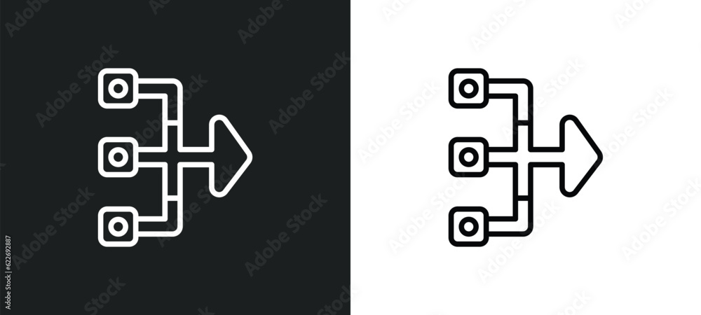 merging outline icon in white and black colors. merging flat vector ...