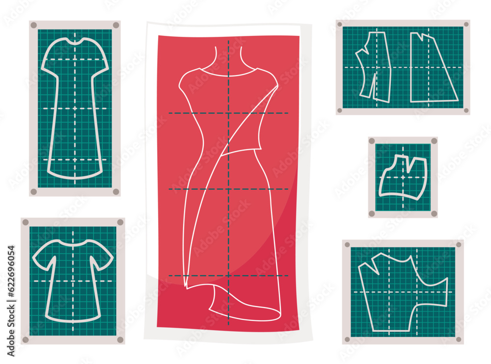 Cartoon tailor pattern of fashionable clothes. Pattern of elegant dress ...