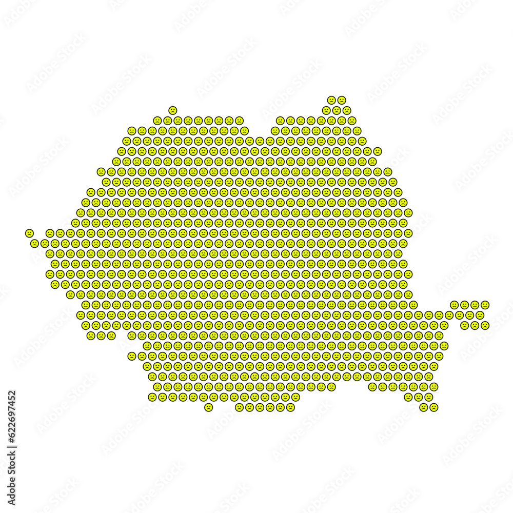 Map of the country of Romania with a sad smiley emoticon icon texture ...