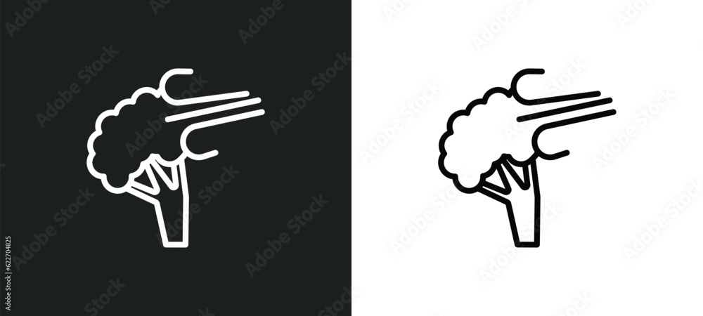 wind and bend trees outline icon in white and black colors. wind and ...