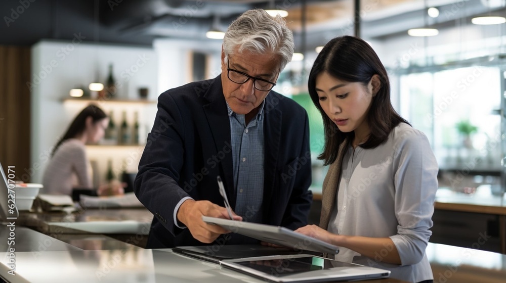 depictions of an older employee helping a younger co-worker with a ...