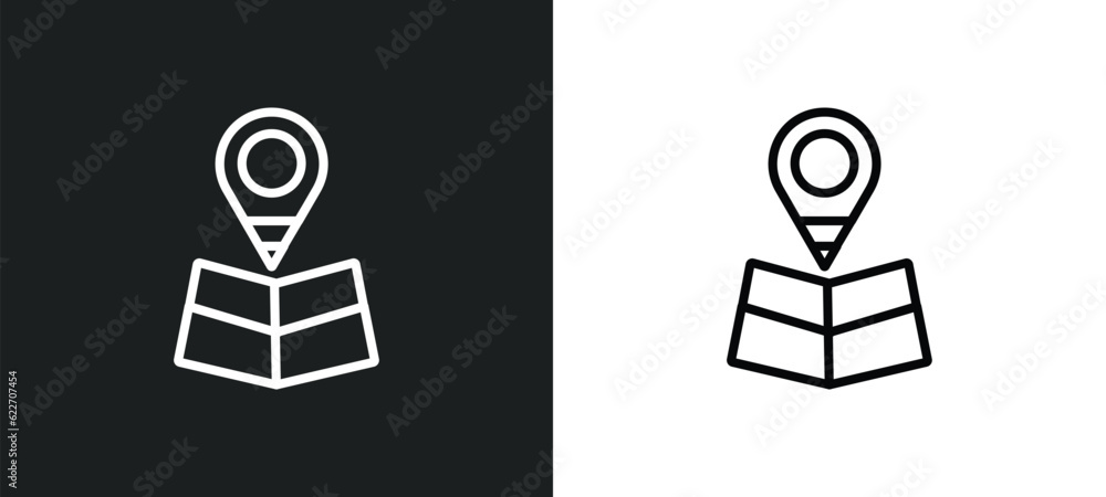 folded map with position mark outline icon in white and black colors ...