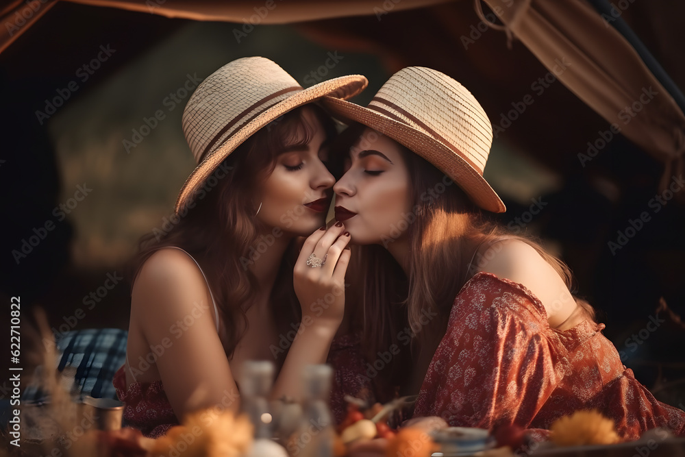 Beautiful young lesbian couple kissing passionately. Generative AI Stock Illustration | Adobe Stock