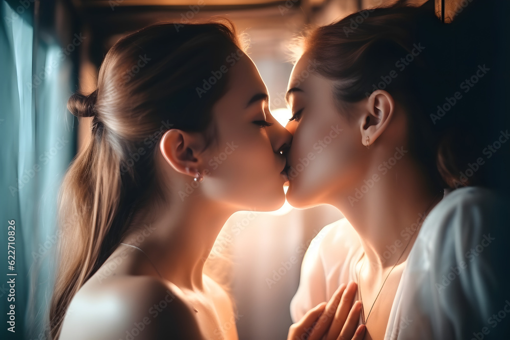 Beautiful young lesbian couple kissing passionately. Generative AI Stock Illustration | Adobe Stock