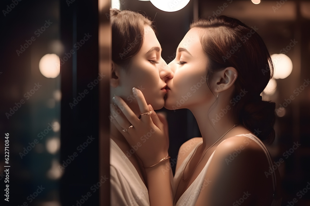 Beautiful young lesbian couple kissing passionately. Generative AI Stock Illustration | Adobe Stock