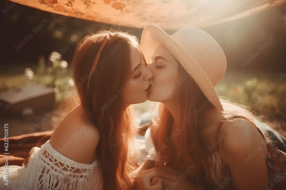 Beautiful young lesbian couple kissing passionately. Generative AI Stock Illustration | Adobe Stock