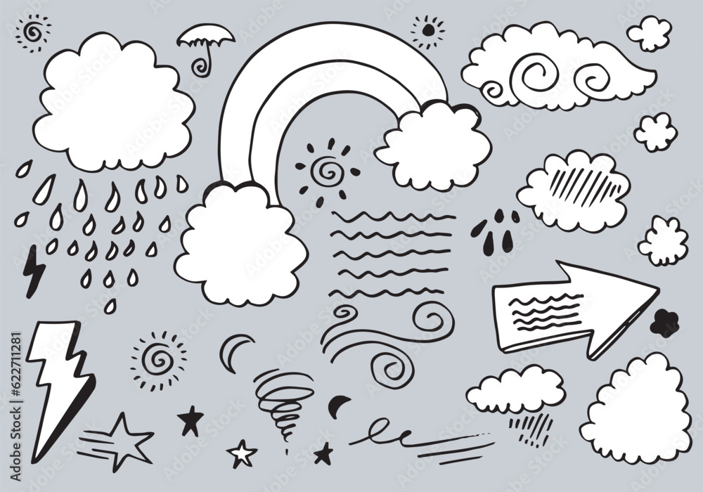 Weather Doodle Vector Set illustration with hand drawn line art style ...