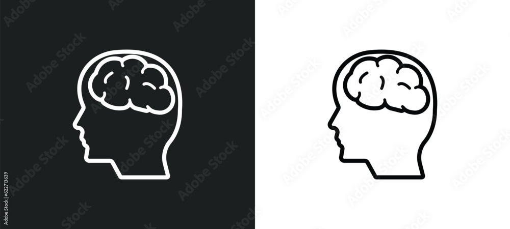 male head side view with brains outline icon in white and black colors ...