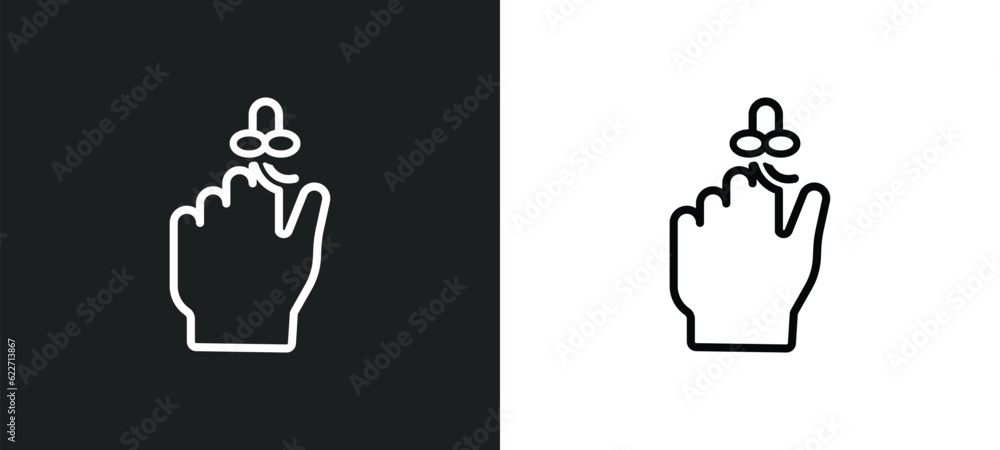 hand finger with a ribbon outline icon in white and black colors. hand ...