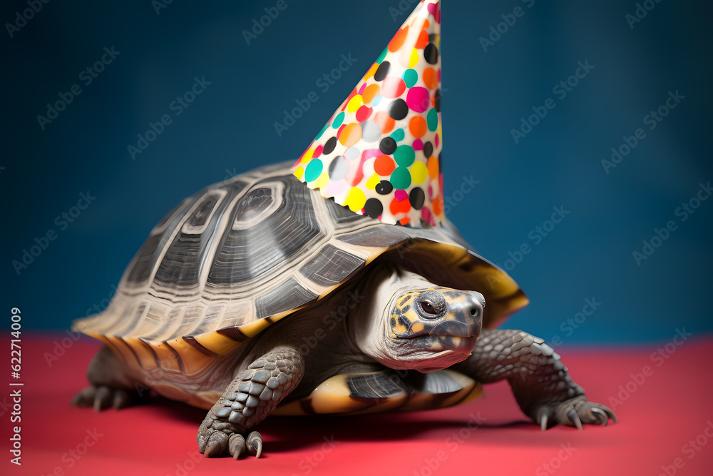 Funny and friendly cute turtle wearing a birthday party hat in studio ...