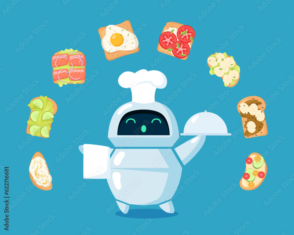 Robot chef preparing food vector illustration. Smart AI cook learning ...